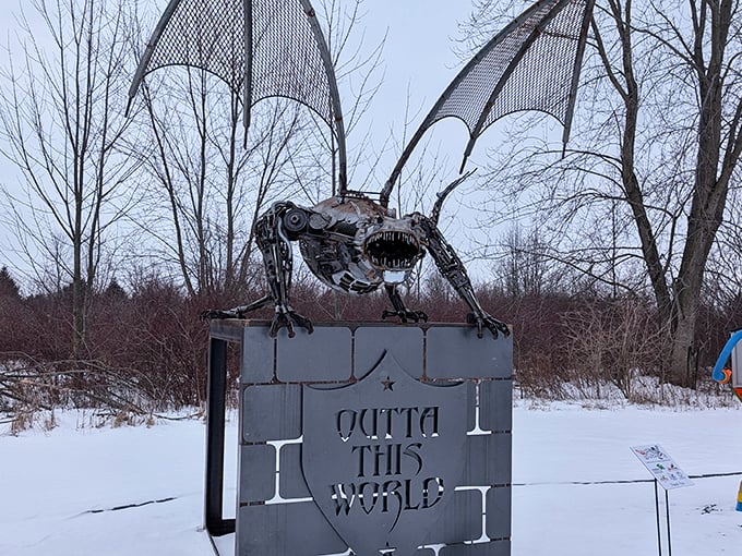 Not your average yard art! This whimsical metal dragon sculpture proves that even in Amish country, there's room for fantastical imagination.