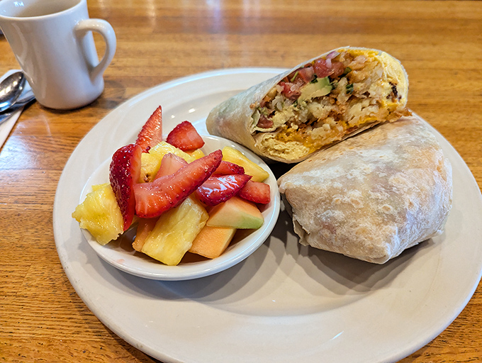 Breakfast doesn't get better than this hearty burrito alongside fresh fruit that's actually ripe &ndash; a California miracle worth celebrating.