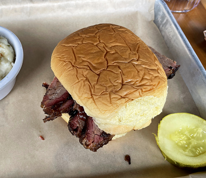 This brisket sandwich isn't just lunch &ndash; it's an edible love letter from Mount Joy to your taste buds, complete with a pickle sidekick for that perfect tang.