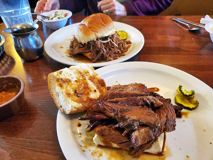 Sometimes the most beautiful sandwiches are the messiest ones, piled high with tender brisket and pure joy. 