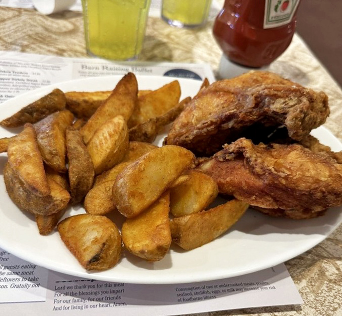 Broasted chicken with a crackling exterior that shatters like glass, paired with potato wedges that put French fries to shame. Finger-licking isn't just allowed&mdash;it's expected.