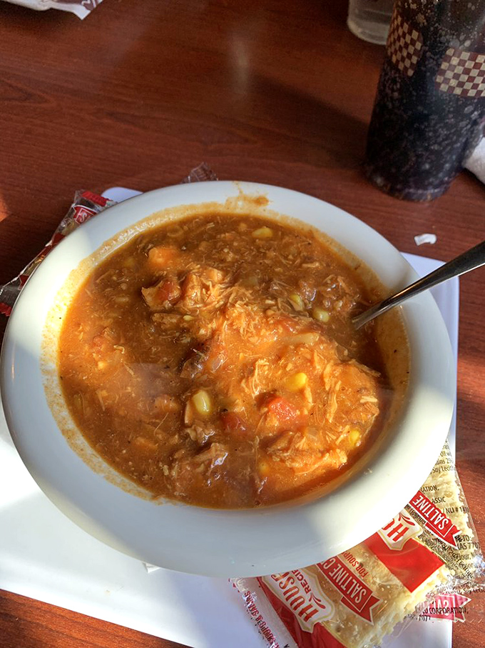 Brunswick stew that looks like Georgia sunshine in a bowl – chunks of meat swimming in tomato broth like happy little campers.