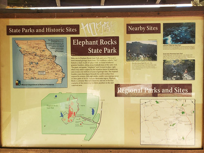 The park's information board reveals nearby treasures. Missouri's Arcadia Valley is packed with natural wonders worth a weekend expedition.