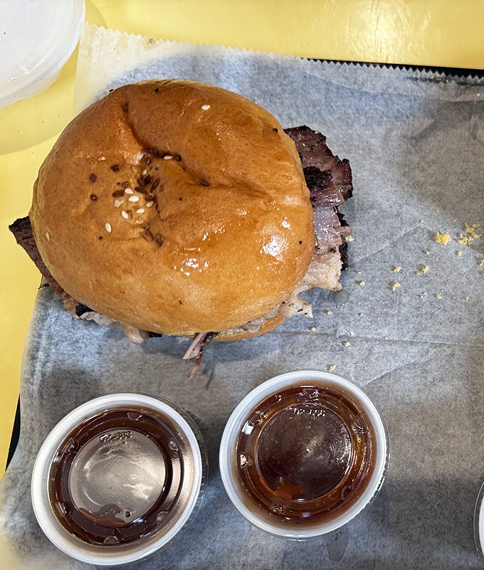 A sandwich that requires both hands and several napkins is always a good sign. This brisket creation isn't just lunch&mdash;it's a commitment worth making.