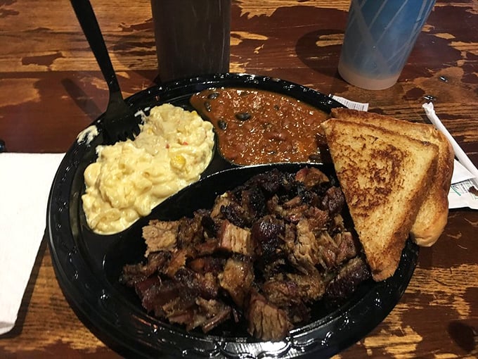 Burnt ends, mac and cheese, and Texas toast &ndash; the holy trinity of smokehouse dining. Notice there's no green stuff cluttering this plate.