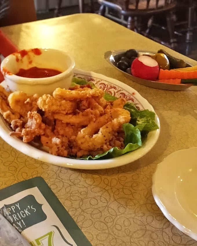 Crispy calamari that even seafood skeptics will love, served with a relish tray that's the Wisconsin equivalent of a welcome mat.
