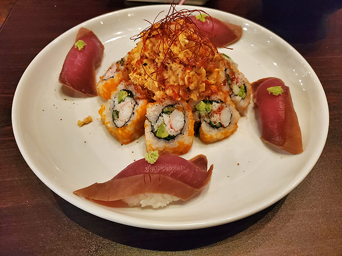 Sushi with a Gulf Coast twist! These colorful rolls surrounded by fresh tuna prove Florida's seafood scene isn't just about fried grouper sandwiches.