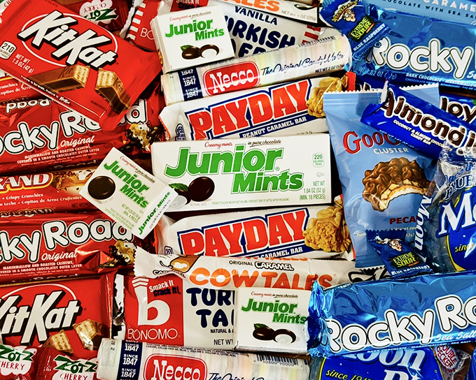 A candy bar mosaic that reads like a timeline of American history&mdash;each wrapper a chapter in our collective sweet tooth biography.