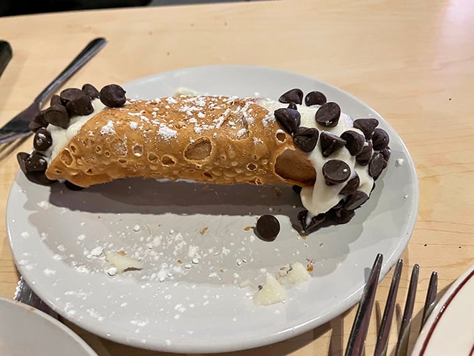 This isn't just any cannoli&mdash;it's the exclamation point at the end of a perfect meal, with chocolate chips standing guard at both ends.