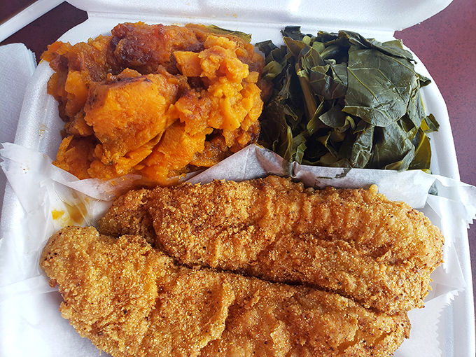 Soul food symphony on a styrofoam plate. That golden-brown catfish, vibrant yams, and collard greens create a trio so harmonious, they deserve their own Spotify playlist.