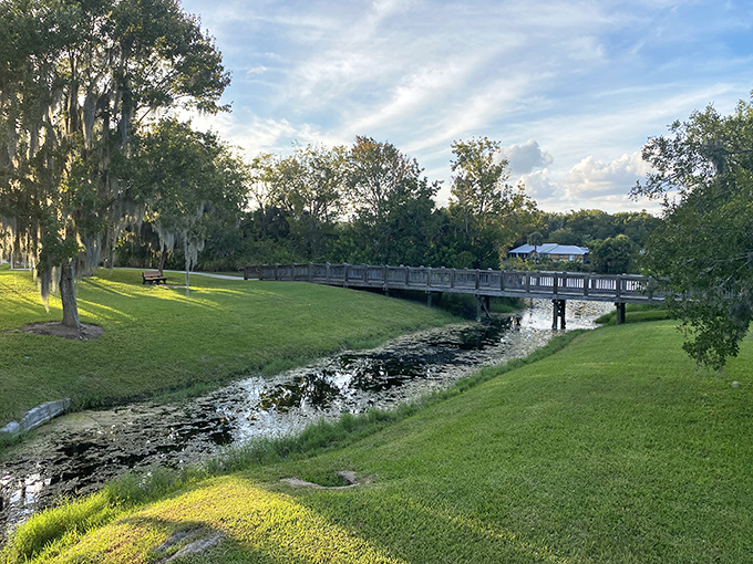 A bridge arches gracefully over tranquil waters, creating one of those moments where you think, "Maybe I should take up watercolor painting after all."