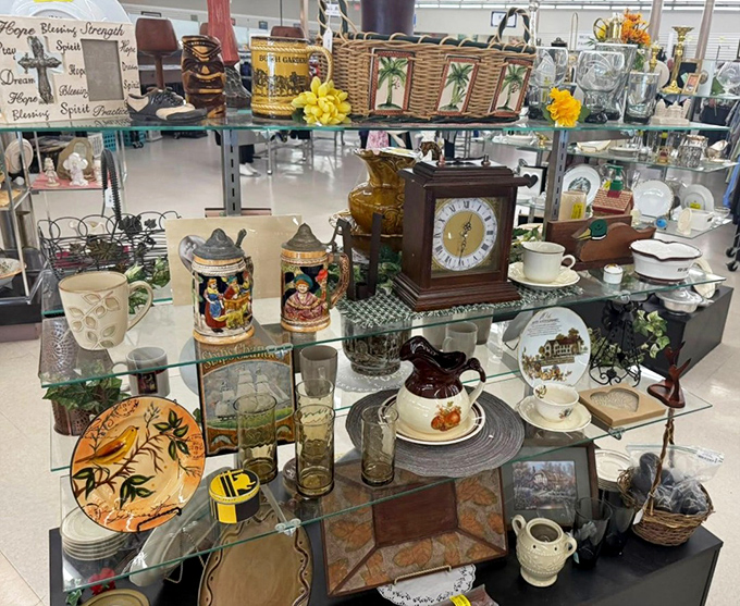 One person's castoff becomes another's conversation piece. This glass display of vintage treasures could furnish an entire "I remember when" dinner party.