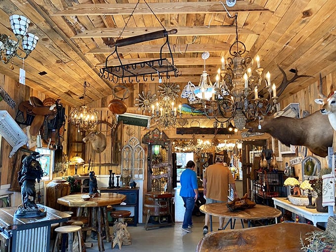 Step into this rustic wonderland where every chandelier tells a story and mounted deer heads silently judge your decorating choices.
