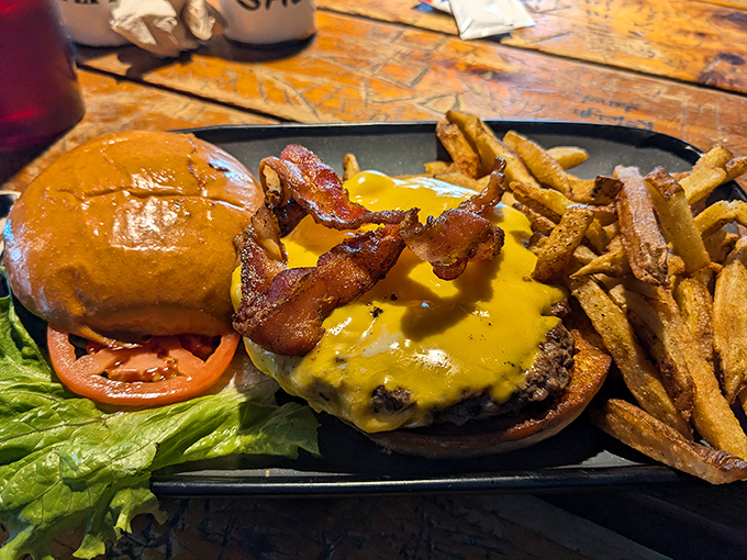 A proper Texas cheeseburger doesn't need fancy tricks—just quality beef, melty cheese, and bacon that means business. Diet starts tomorrow, friends.