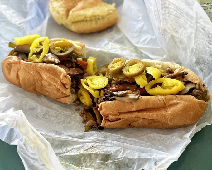 Behold the star of the show&mdash;a Philly cheesesteak that would make Rocky himself climb those steps in celebration. The banana peppers add that Florida twist.
