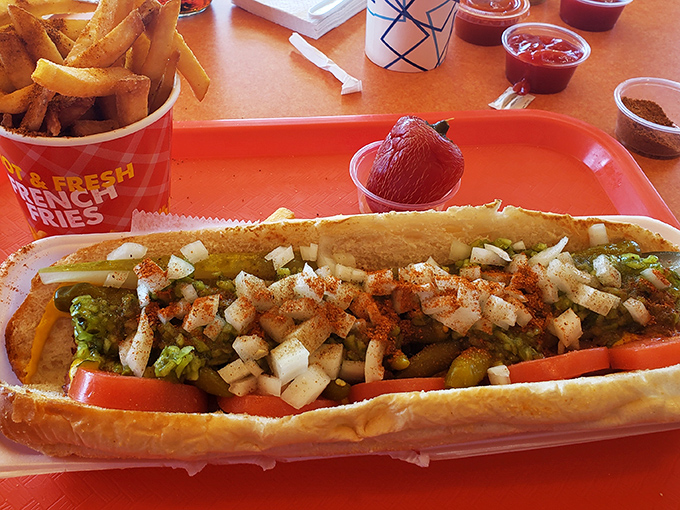 The Chicago Dog arrives dressed for success with its garden of toppings &ndash; proof that sometimes more is exactly the right amount.
