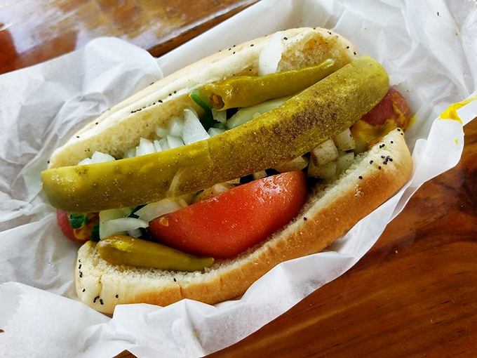 The Chicago dog&mdash;a masterpiece of contrasting flavors and textures. That poppy seed bun cradling a garden of toppings is practically architectural.