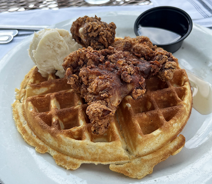The holy matrimony of crispy and fluffy. This chicken and waffle plate doesn't need a prenup&mdash;the relationship between sweet and savory is rock solid.
