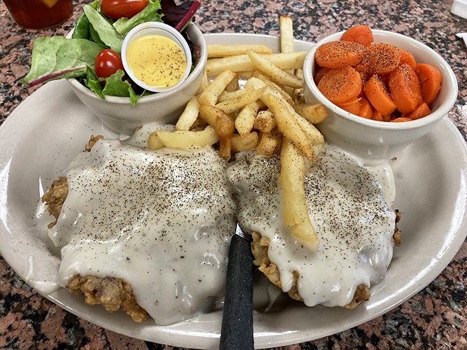 When chicken fried steak arrives smothered in white gravy, all dietary resolutions temporarily cease.