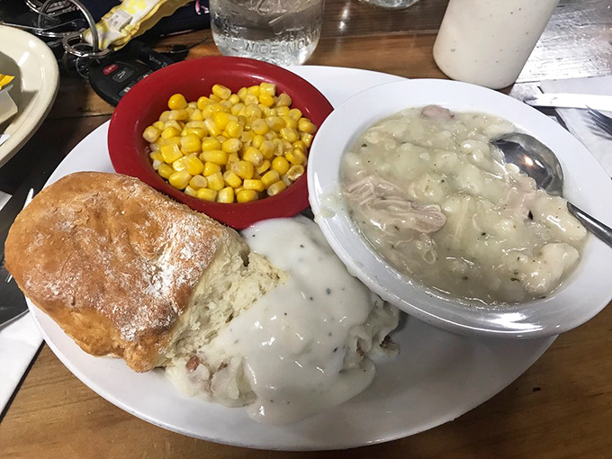 Comfort in a bowl &ndash; chicken and dumplings with sweet corn on the side. The kind of meal that makes you want to hug whoever made it.