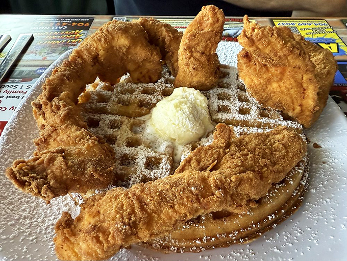 Chicken and waffles: the breakfast-lunch alliance that proves some of history's greatest partnerships involve maple syrup and crispy batter.