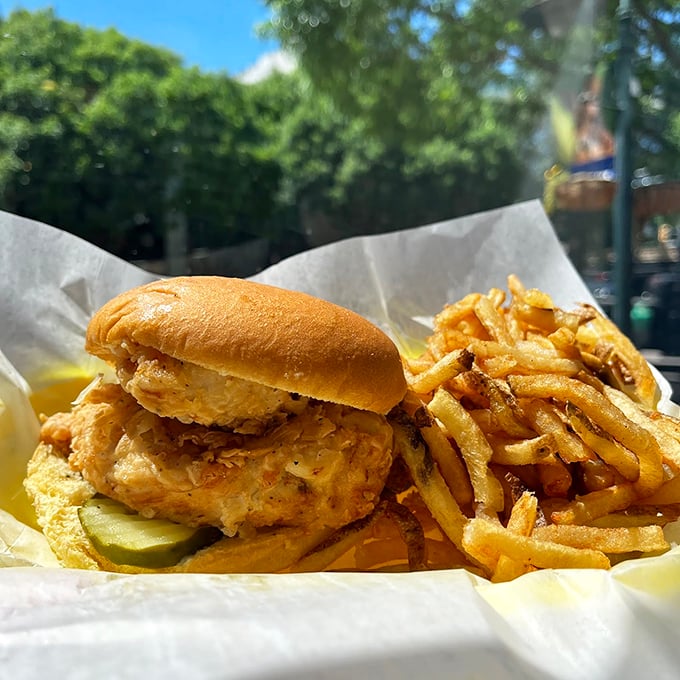 The chicken sandwich that launched a thousand lunch breaks. Crispy fried chicken, pickles, and a soft bun &ndash; simplicity that puts trendy chicken chains to shame.