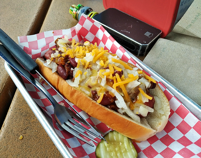 Not just any hot dog—a masterpiece of excess. Topped with chili, cheese, and onions, it's the kind of glorious mess that requires both a fork and zero regrets.