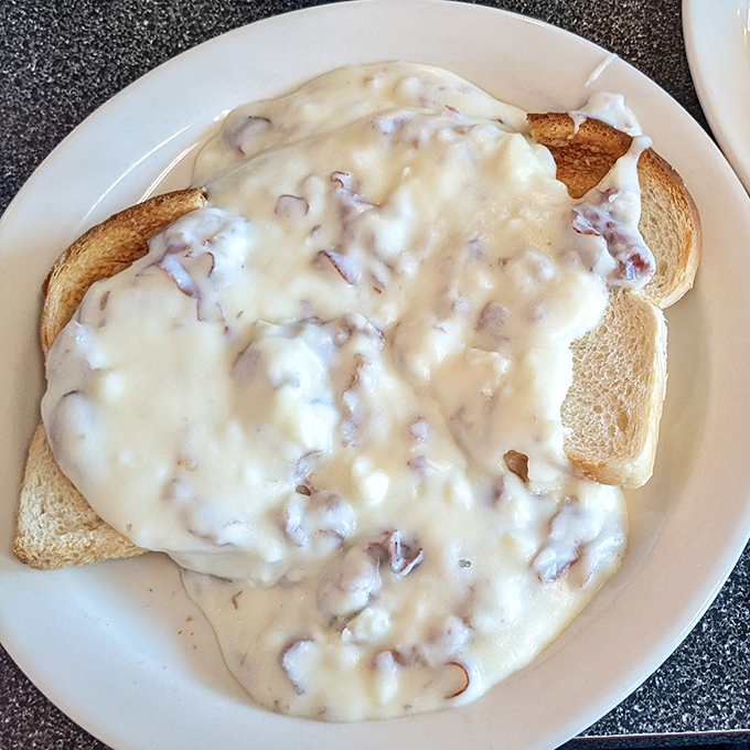 Creamy chipped beef on toast &ndash; what military veterans affectionately nicknamed "SOS" &ndash; elevated to an art form that grandmother would approve of.