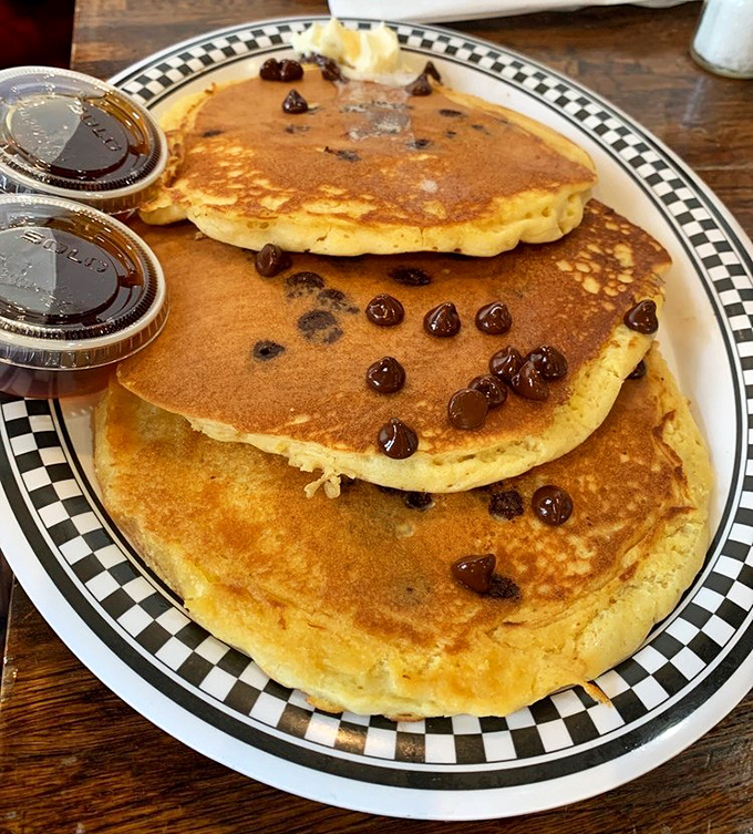Stack 'em high and watch 'em fly &ndash; chocolate chip pancakes that would make Willy Wonka jealous.
