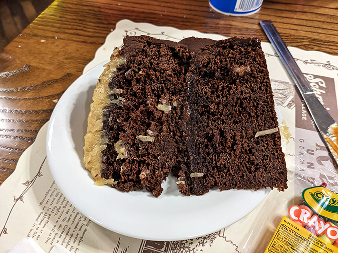 German chocolate cake so rich and decadent it should come with its own inheritance tax. Worth every calorie-laden forkful.