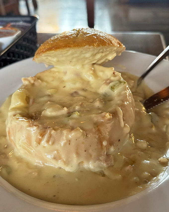 Bread bowls: where the container is as delicious as the contents. This sourdough fortress barely contains its creamy clam treasure.