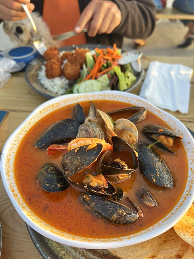 This cioppino is basically a seafood party in a bowl. Mussels, clams, and shrimp swimming in tomato broth that's worth the inevitable shirt stains.