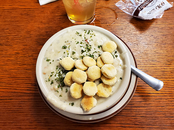 Clam chowder so authentic it could make a New Englander weep, served with oyster crackers that practically beg to dive in.