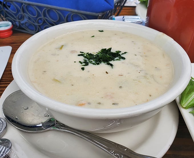 A bowl of clam chowder so creamy and comforting, it could make a foghorn feel redundant. The perfect antidote to a chilly coastal day.
