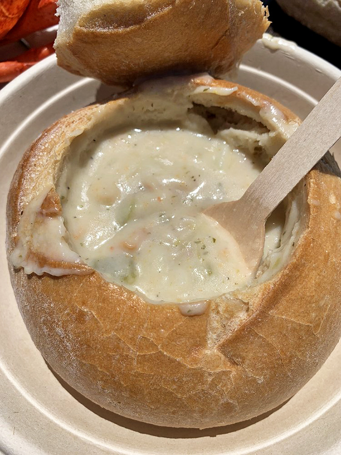 Clam chowder served in a sourdough bread bowl&mdash;nature's perfect dish. The bowl becomes increasingly delicious as it soaks up the creamy goodness.