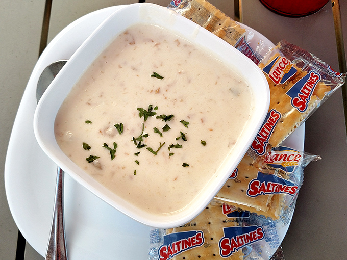 Clam chowder so creamy it should come with a warning label. Those little bits of clam are playing hide and seek in the best possible way.