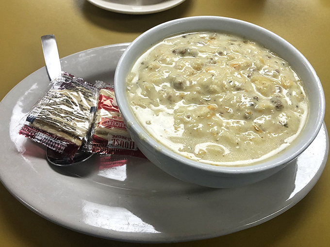 Clam chowder so creamy it could make New England jealous. Those crackers aren't accessories&mdash;they're essential supporting actors in this comfort food drama.