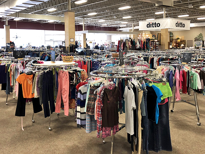 A forest of clothing racks creates pathways through fashion history. Navigate between decades while your wallet stays comfortably in this century.