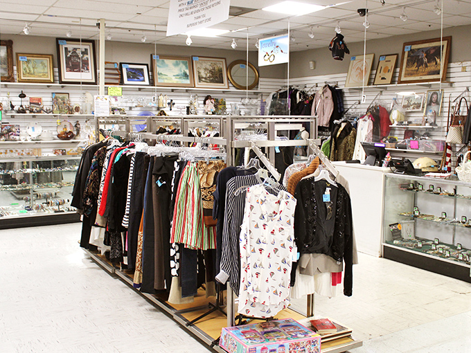 The clothing section: where vintage Armani might be hiding between a 1980s prom dress and someone's forgotten Hawaiian shirt.