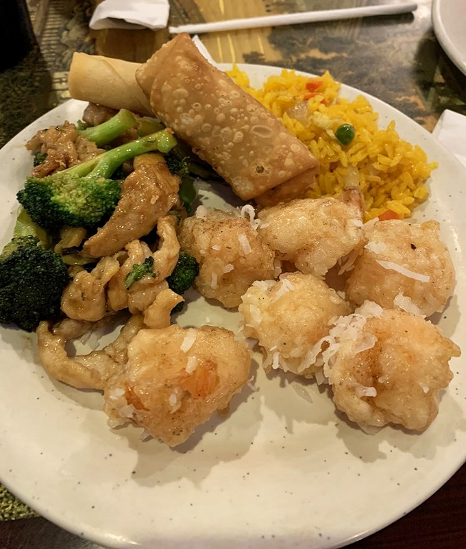 The perfect buffet plate doesn't exi&mdash; Oh wait, here it is! Coconut shrimp, chicken, and broccoli create a harmony of flavors.