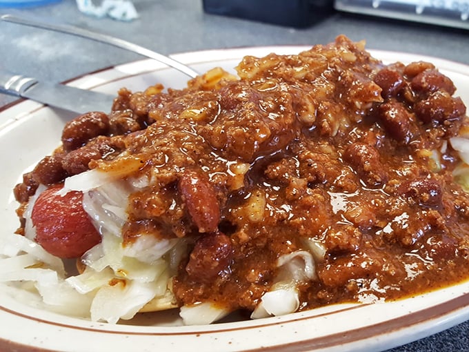 The Coney Island: where chili, slaw, and onions transform a humble hot dog into something worth driving across county lines for.