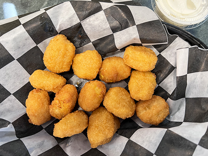 Golden nuggets of fried goodness that make you question why vegetables ever needed improving, yet somehow make perfect sense dipped in that sauce.