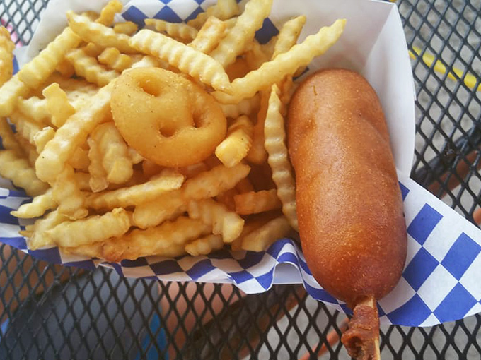 The corn dog and crinkle-cut fries combo: proof that some of life's greatest pleasures haven't changed since the Eisenhower administration.