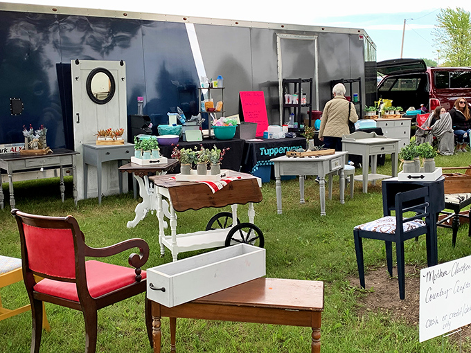 Upcycled furniture finds new purpose under Wisconsin skies. That weathered tea cart might have served cocktails in a previous life.