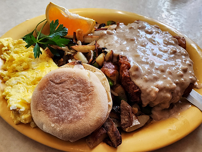 Country fried steak smothered in gravy that could make a vegetarian weep with temptation. Comfort food that speaks fluent Oregonian.