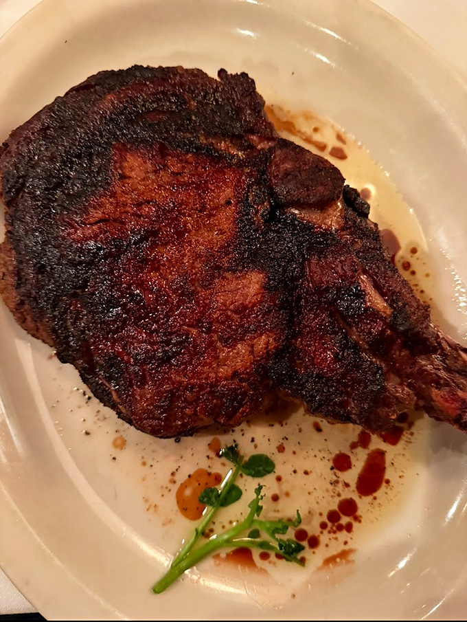 This cowboy ribeye isn't just a steak; it's a declaration of intent. The char speaks of high heat and the pink center whispers, "They know what they're doing." 