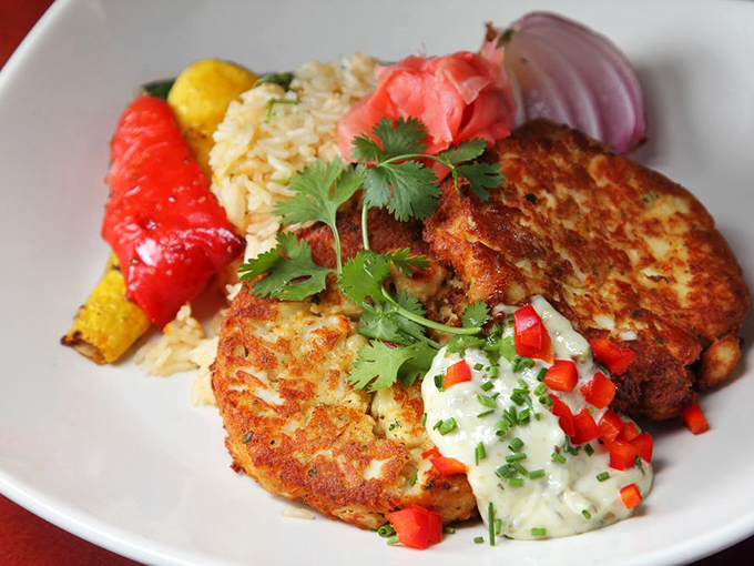 These crab cakes contain so much actual crab meat, Maryland might file a missing persons report. The rice and roasted vegetables are just bonus points.