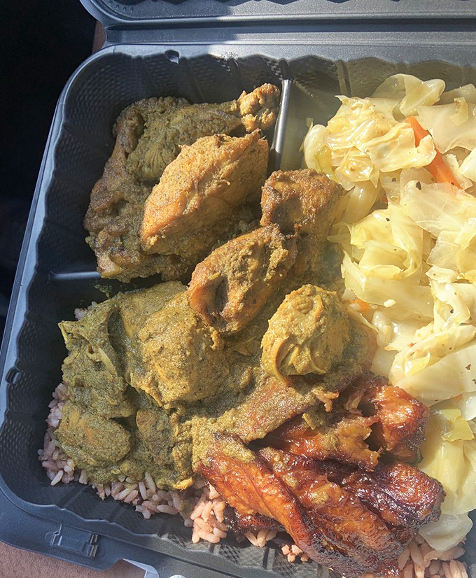 Curry chicken that doesn't just sit on the plate&mdash;it performs a full flavor concert with rice and cabbage as backup singers.