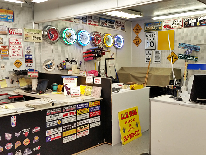A counter where humor meets commerce&mdash;these bumper stickers and signs prove Texans have never met a witty phrase they didn't want to display.