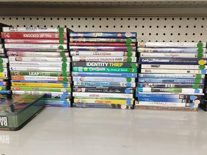 The DVD section: where "Identity Thief" sits ironically close to "Baby Bar." Physical media lives on in this digital detox paradise.